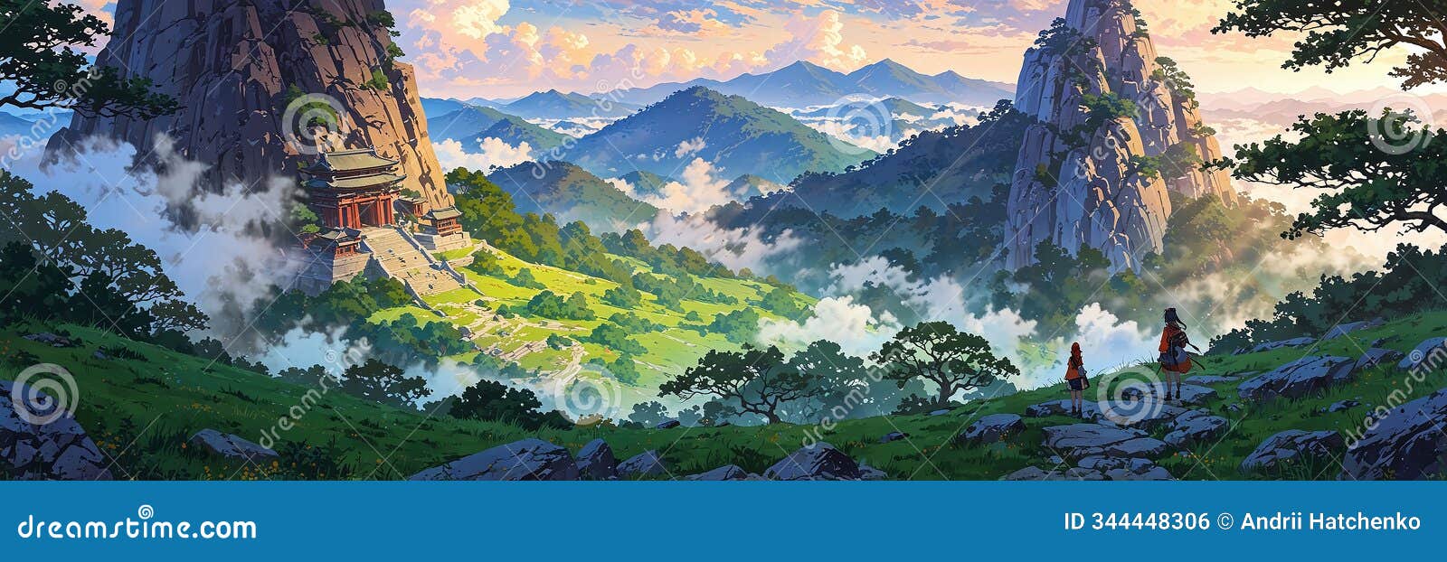 Misty Anime Mountains With Winding Trails And Ancient Shrines Stock ...
