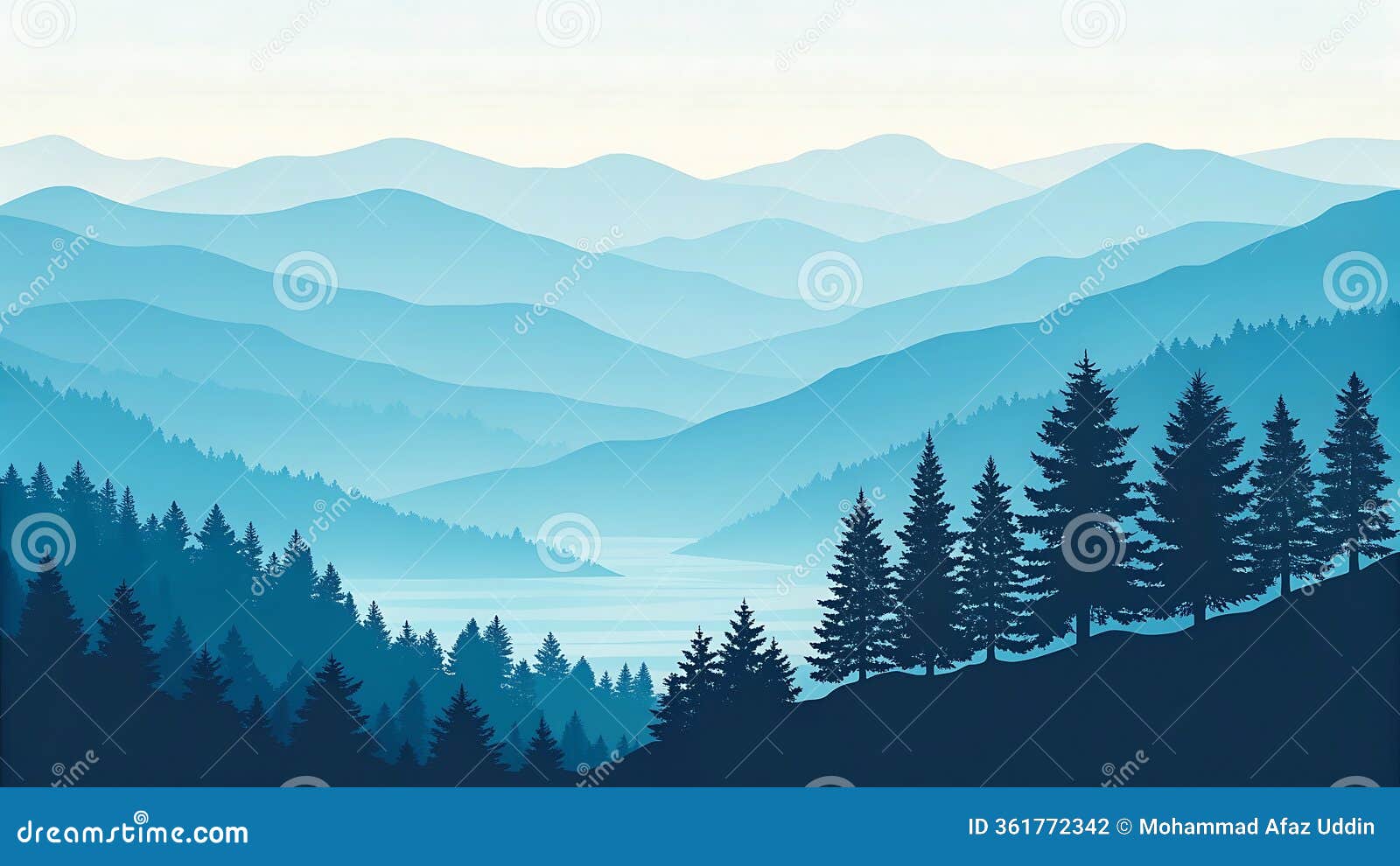 Misty Blue Mountain Landscape with Forest Silhouette Stock Illustration ...