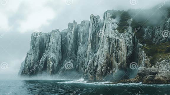 Misty Cliffs Coastal Scene stock illustration. Illustration of water ...