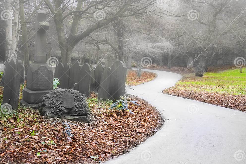 Misty Early Morning Graveyard Stock Image - Image of cemetery, church ...