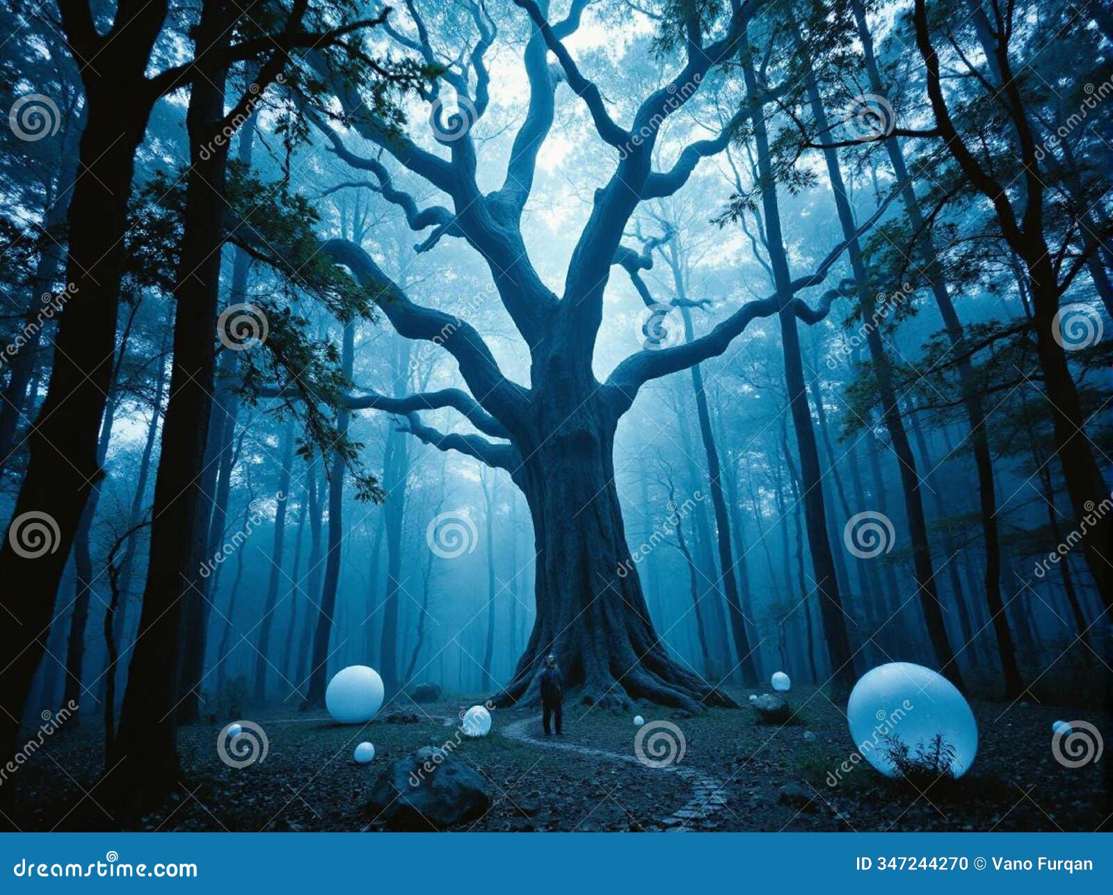 Misty, Creepy Forest with a Giant Tree, Mysterious Man, Path, and ...
