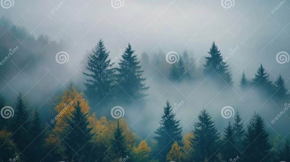 Misty Evergreen Forest with Hints of Fall Color Stock Illustration ...