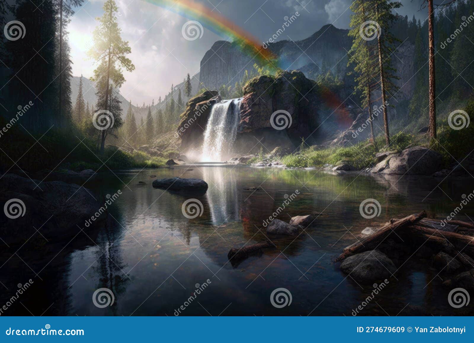 Rainbow Falls Heavenly Waterfall Cascading Down A Rocky Cliff Royalty ...