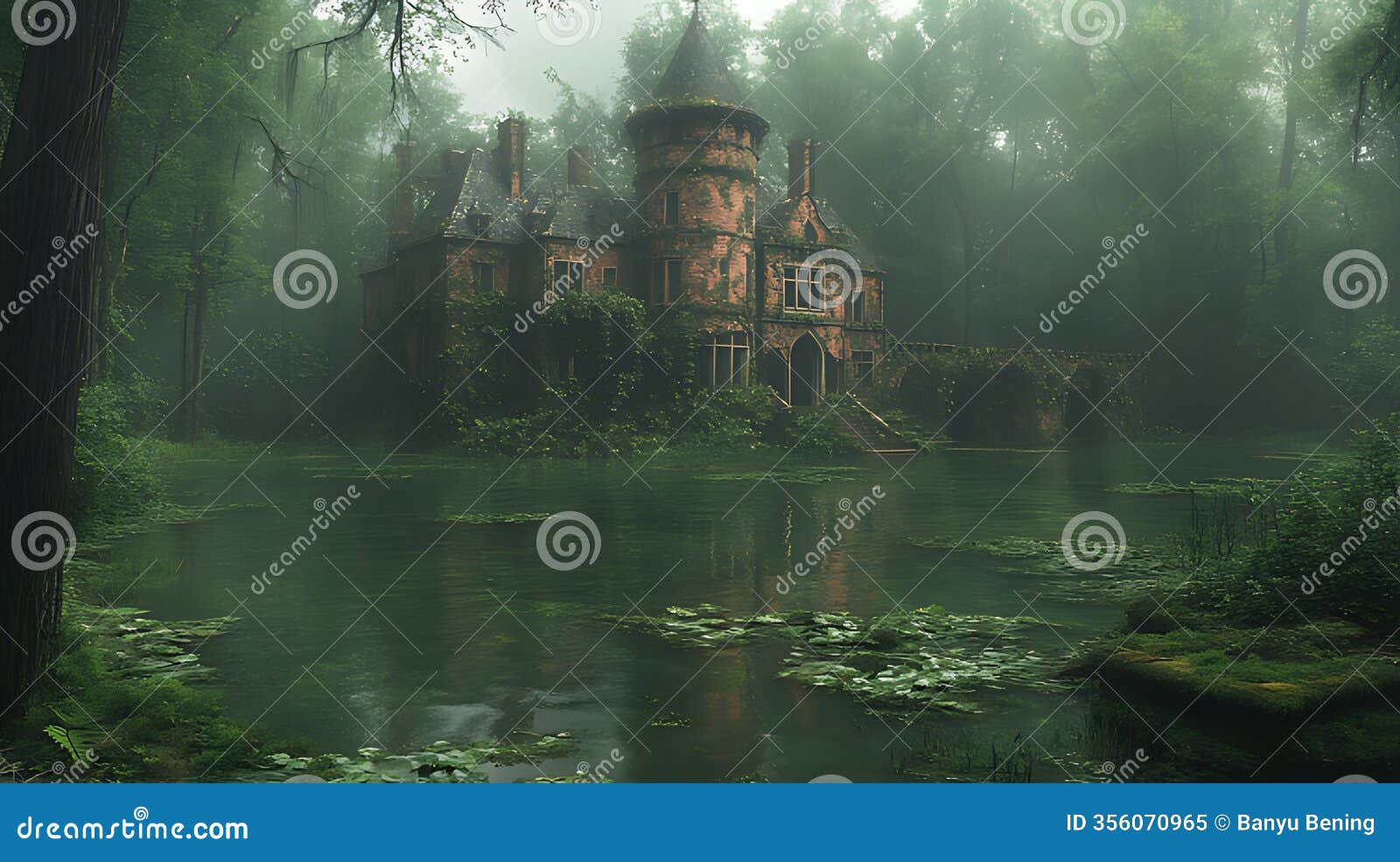Misty Forest Castle, Water Reflection, Bridge, Game Design Stock ...