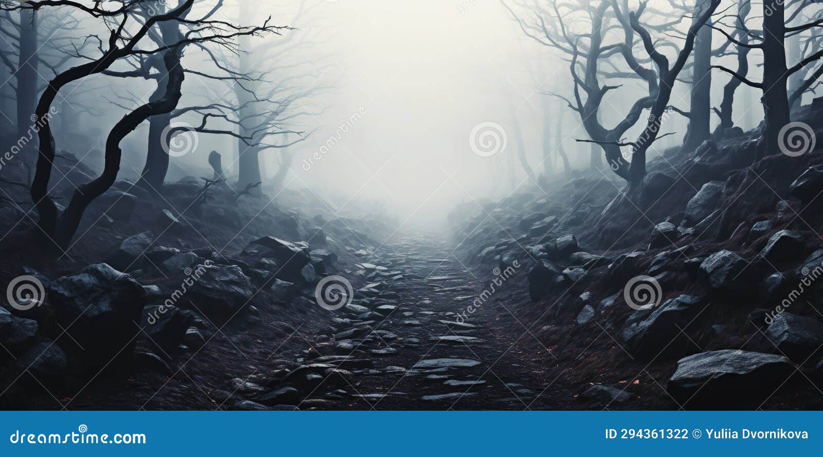 Misty Forest with Dare Trees and Rocks. Minimalistic Scenery Landscape ...