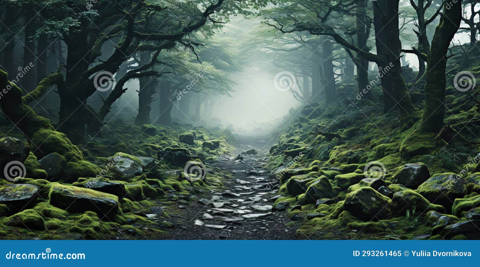 Misty Forest with Dare Trees and Rocks. Minimalistic Scenery Landscape ...
