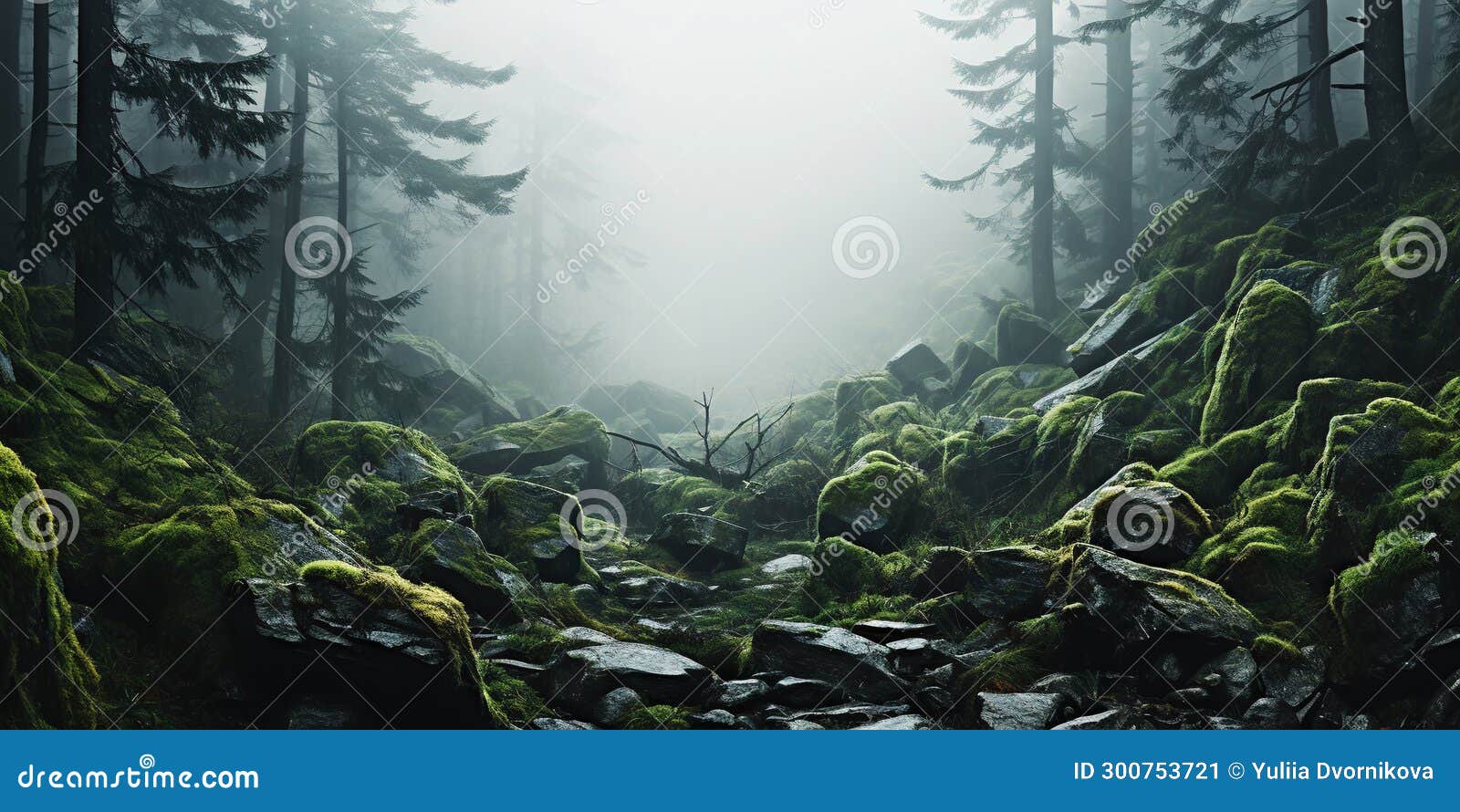 Misty Forest with Dare Trees and Rocks. Minimalistic Scenery Landscape ...