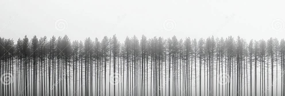 Misty Forest Landscape with Tall Trees Creating a Symmetrical Pattern ...