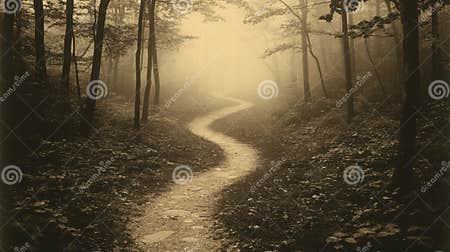 Misty Forest Path through Dense Trees at Dawn for Tranquil Nature ...