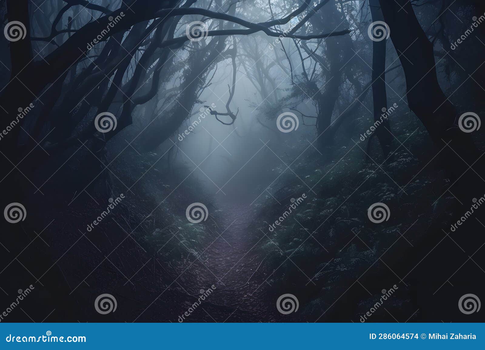 A Misty Forest Path, Illuminated by the Ethereal Glow of Ghostly ...