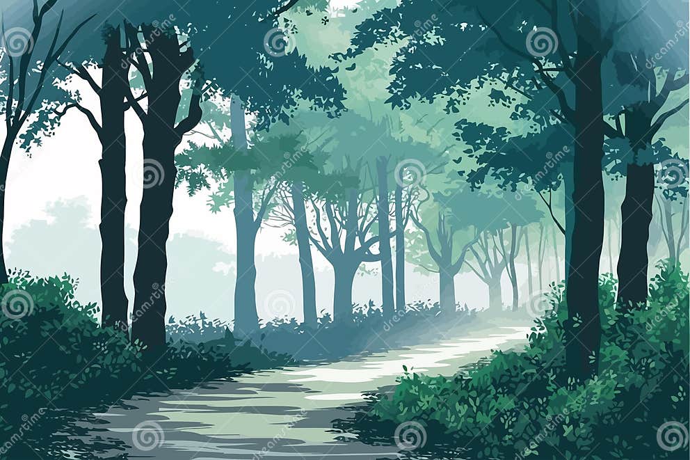 Misty Forest Path stock vector. Illustration of nature - 341471252