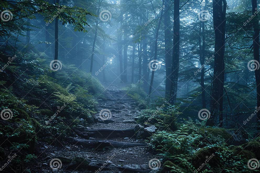 Misty Forest Path with Lush Greenery and Serene Atmosphere Stock Photo ...