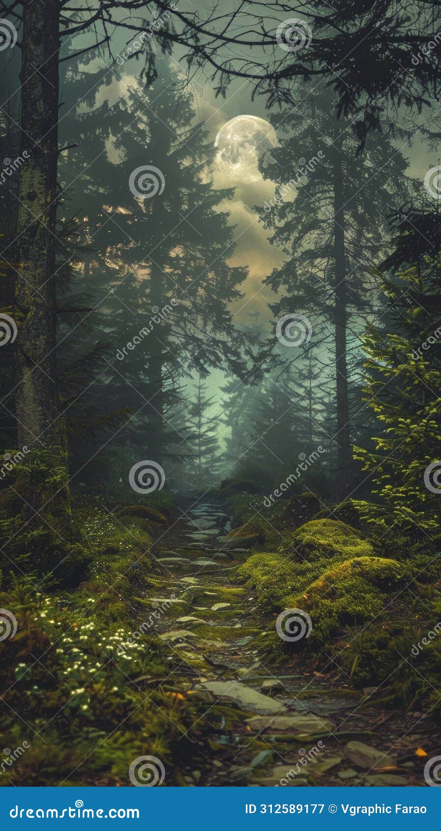 Misty Forest Path Under a Full Moon Stock Image - Image of serene ...
