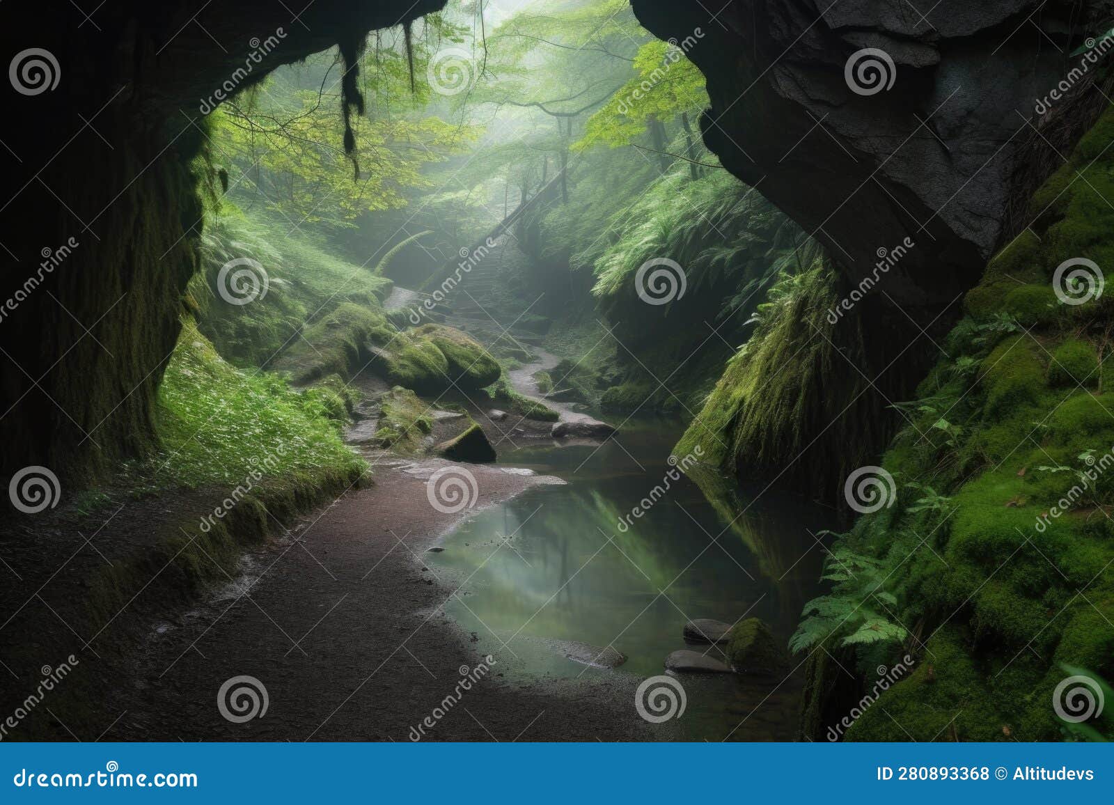 Misty Forest Pathway with Hidden Waterfall and Reflection Stock ...