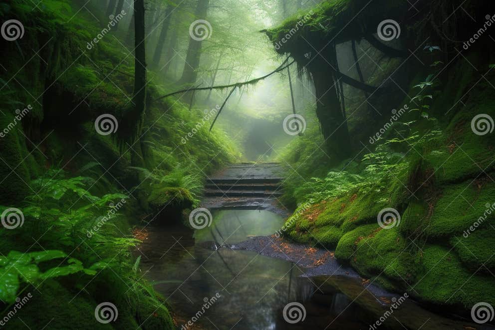 Misty Forest Pathway with Hidden Waterfall and Reflection Stock Photo ...