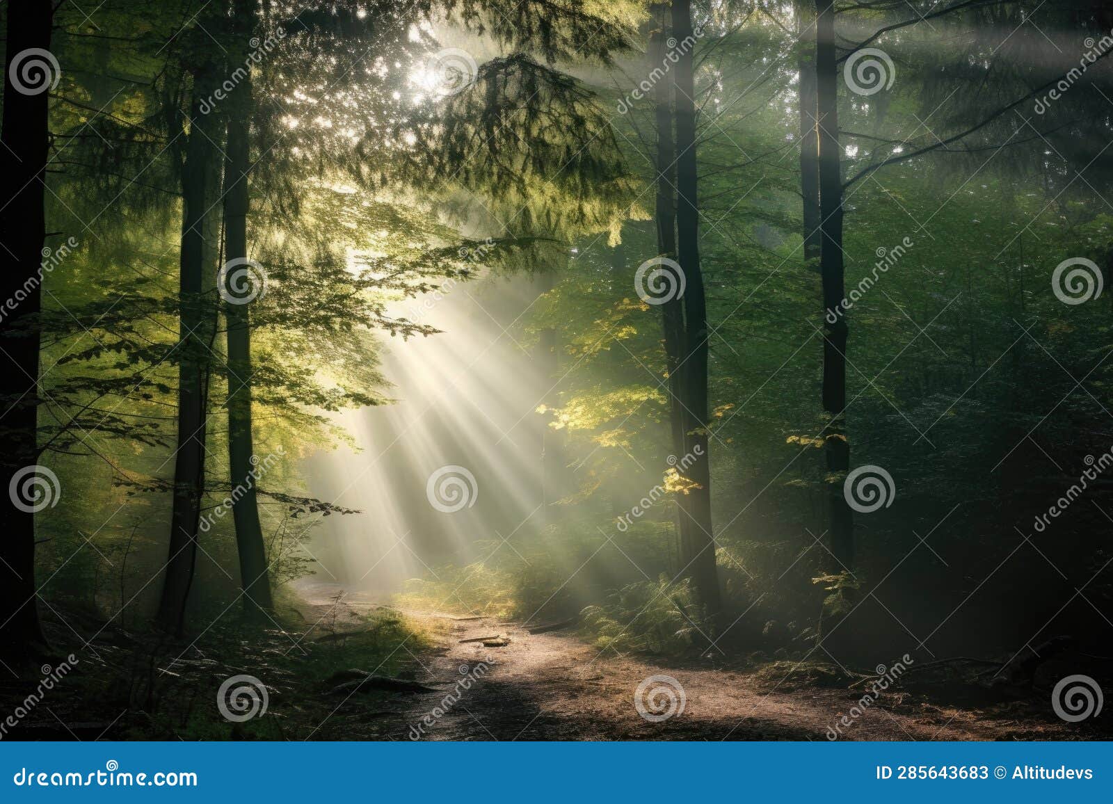 Misty Forest Scene with Sun Rays Breaking through Stock Image - Image ...