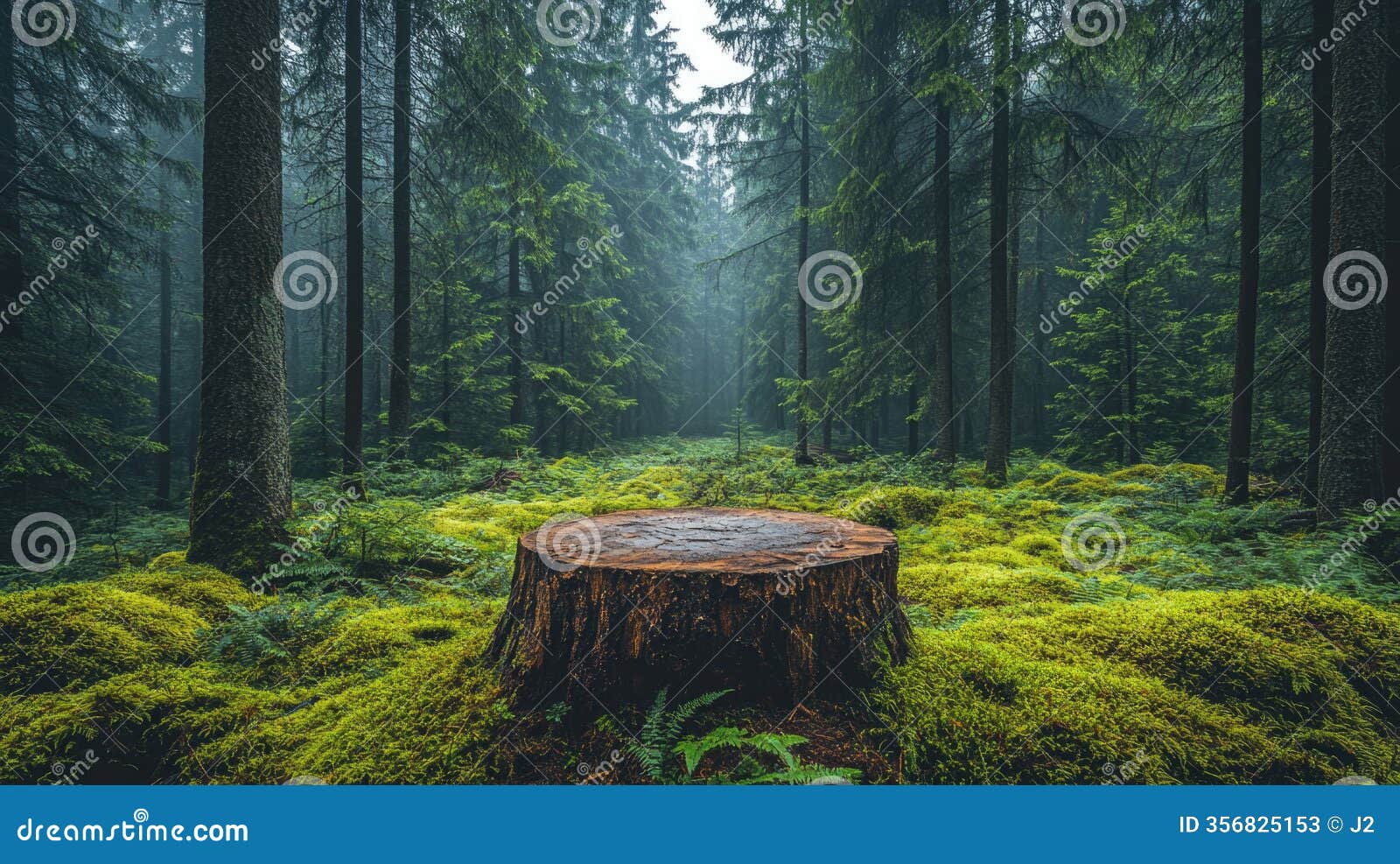 Misty Forest with Tree Stump Amidst Lush Greenery and Tall Pines Stock ...