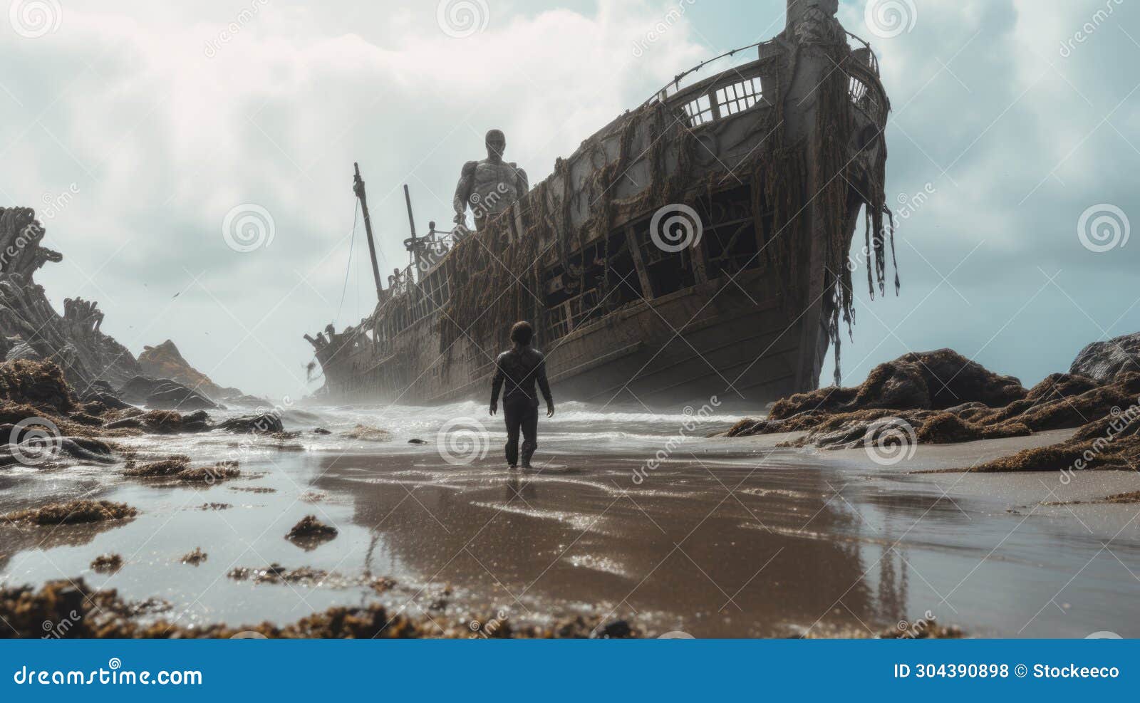 Misty Gothic Beach: an Abandoned Ship in Cinematic 3d Render Stock ...