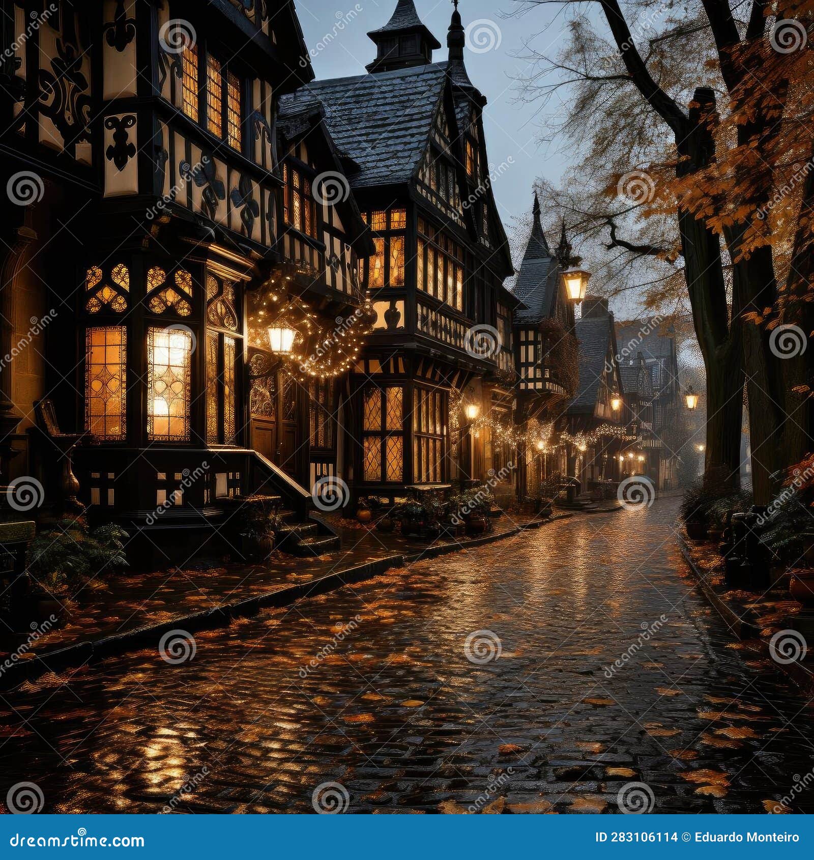 Misty Gothic Cottage in a Gloomy Metropolis at Night Stock Illustration ...