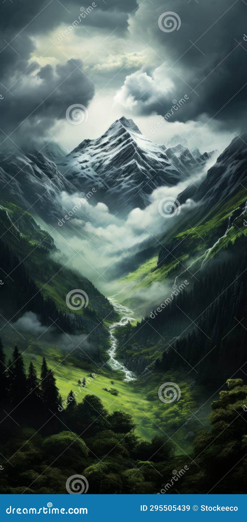 Misty Gothic Landscape Painting with Clouds and Mountains Stock ...