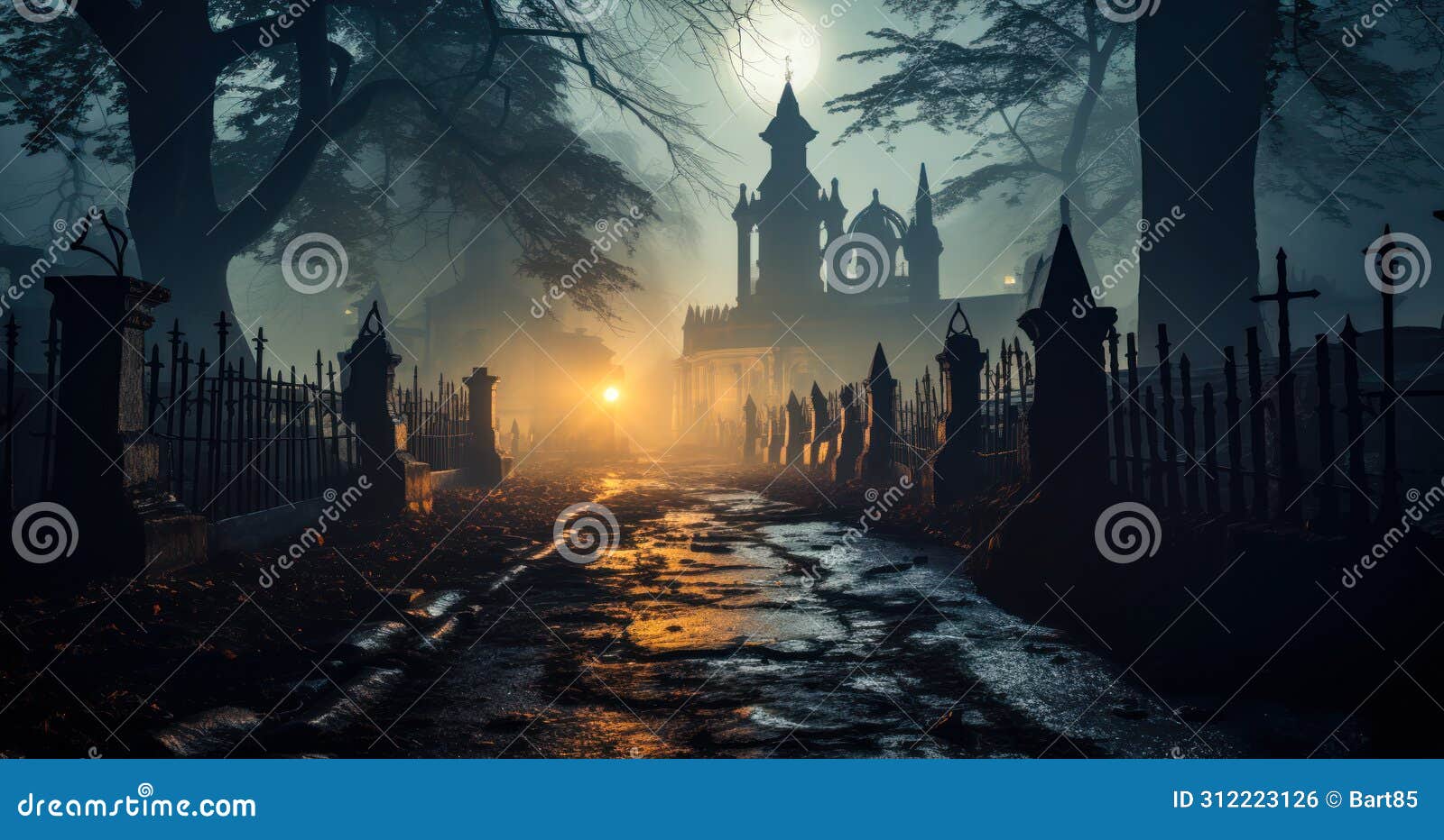 Misty Graveyard Walkway Ethereal and Mysterious Stock Illustration ...