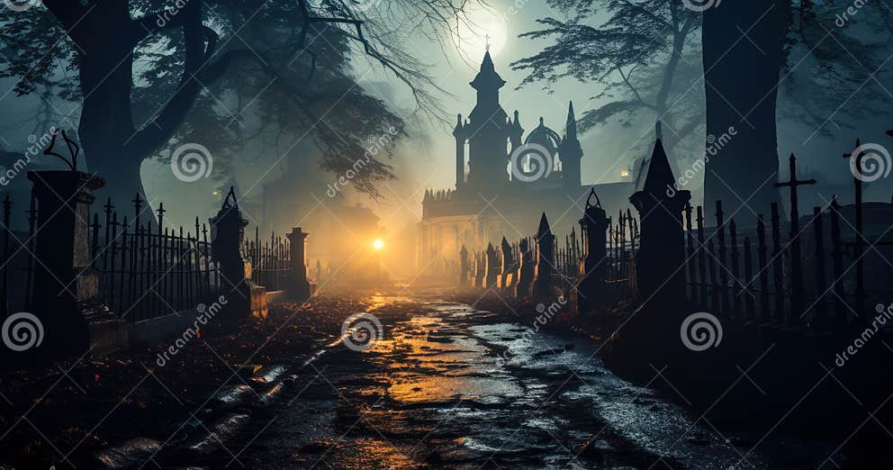 Misty Graveyard Walkway Ethereal and Mysterious Stock Illustration ...