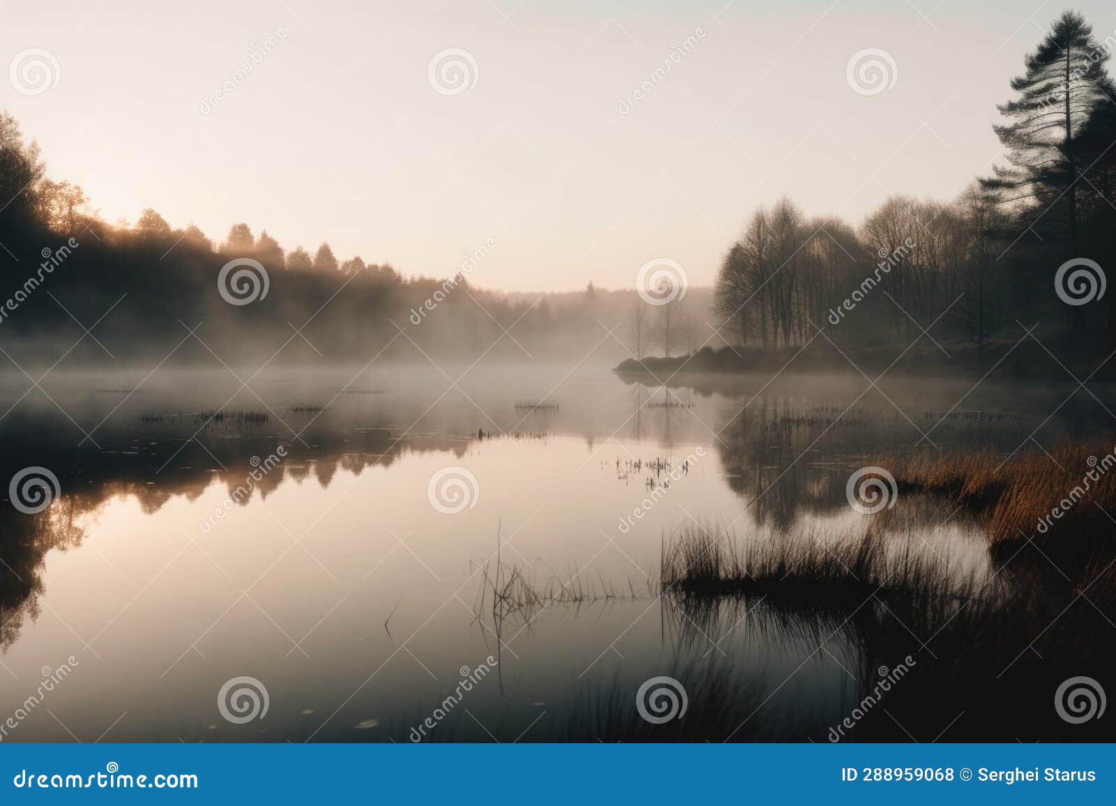 A Misty Lake Surrounded by Trees and Forest, AI Stock Illustration ...