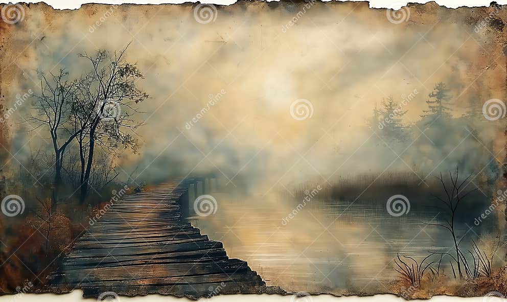 Misty Lakeside Path at Dawn. Stock Image - Image of boardwalk, water ...