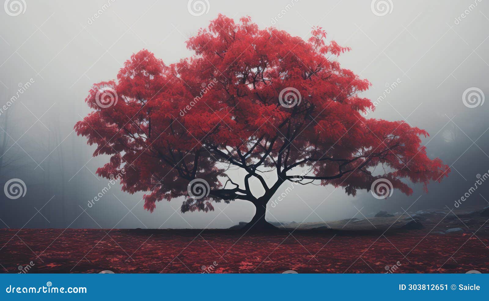 Misty Landscape with Red Maple Tree. Generative AI Stock Image - Image ...