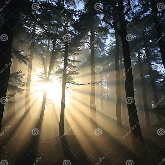 Misty Light in Ancient Forest Stock Illustration - Illustration of ...