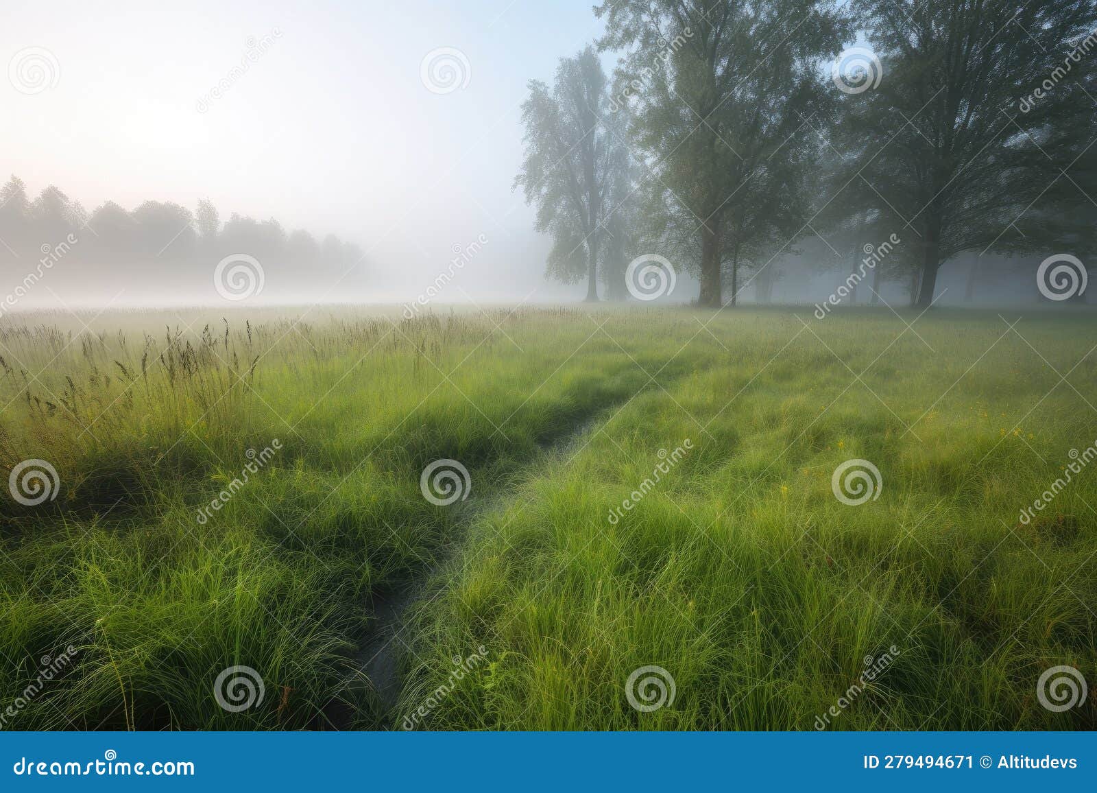 Misty Meadow with Fog Rolling Over the Grass and Dew on the Ground ...