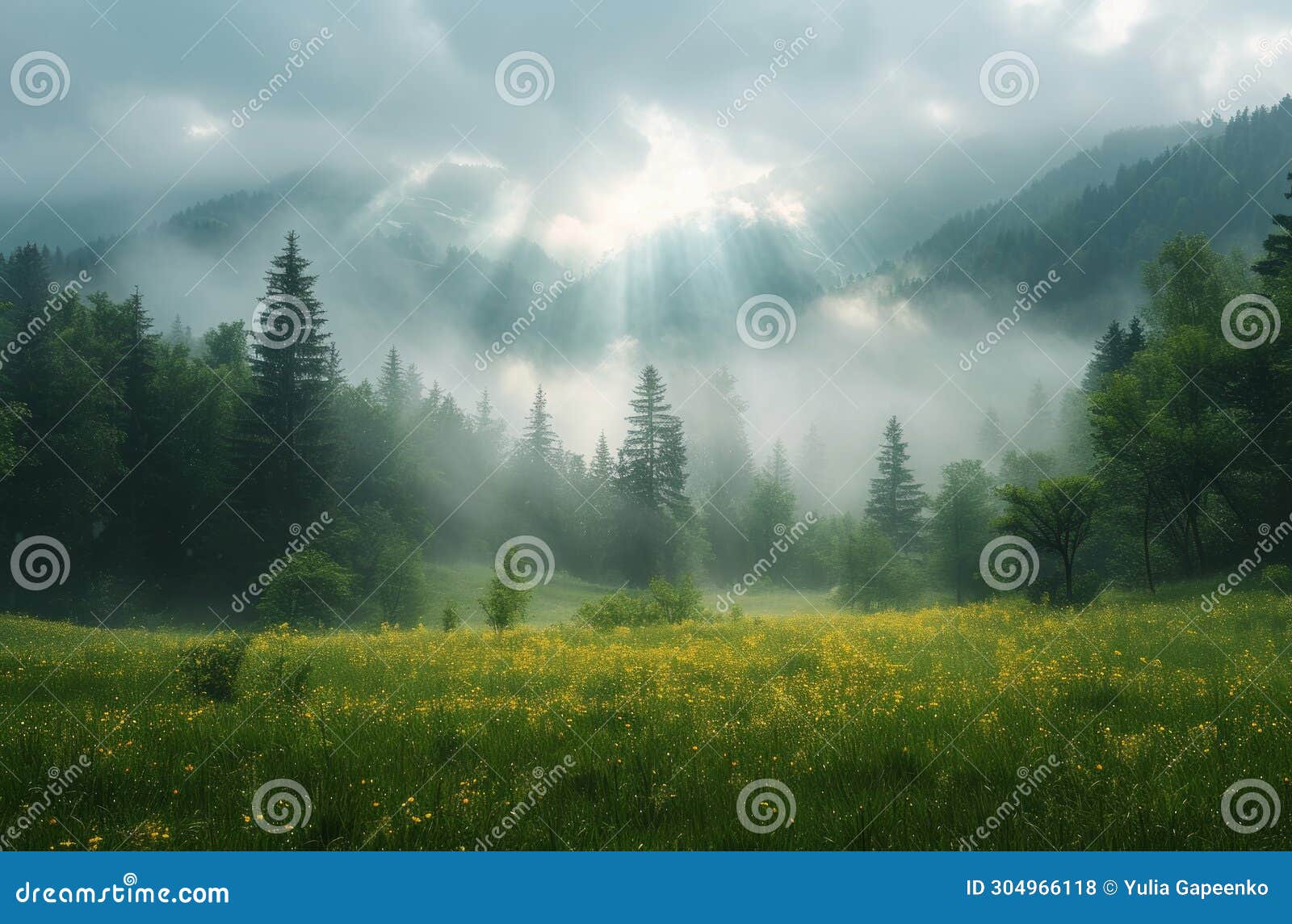 Misty Meadow with Trees and Grass in the Background Stock Photo - Image ...