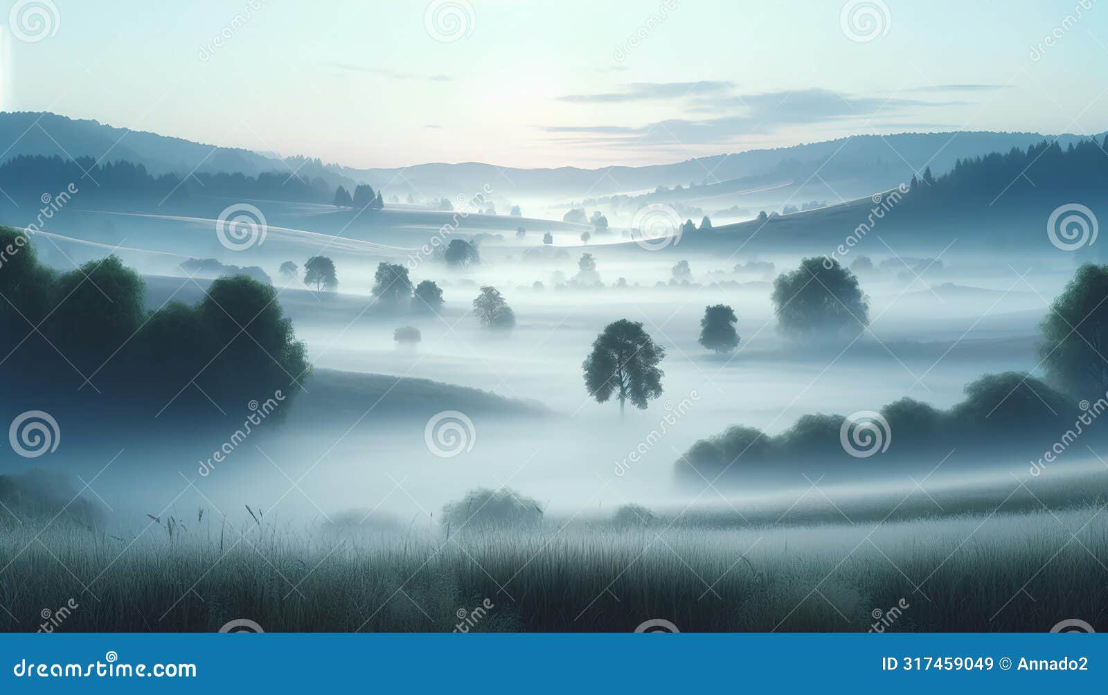 A Misty Morning Landscape with a Soft, White Fog Stock Illustration ...
