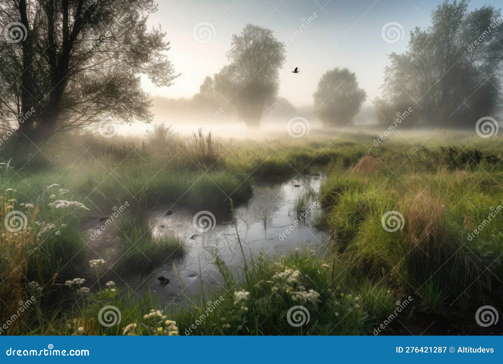 Misty Morning Meadow with a Stream and Birdsong Stock Image - Image of ...