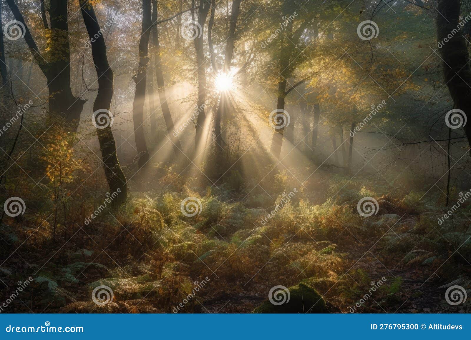 Misty Morning Sunrays Shining through the Trees, Illuminating the ...