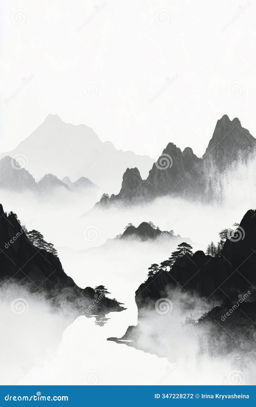 Misty Mountain Landscape with Dramatic Peaks and Lush Forests in Black ...