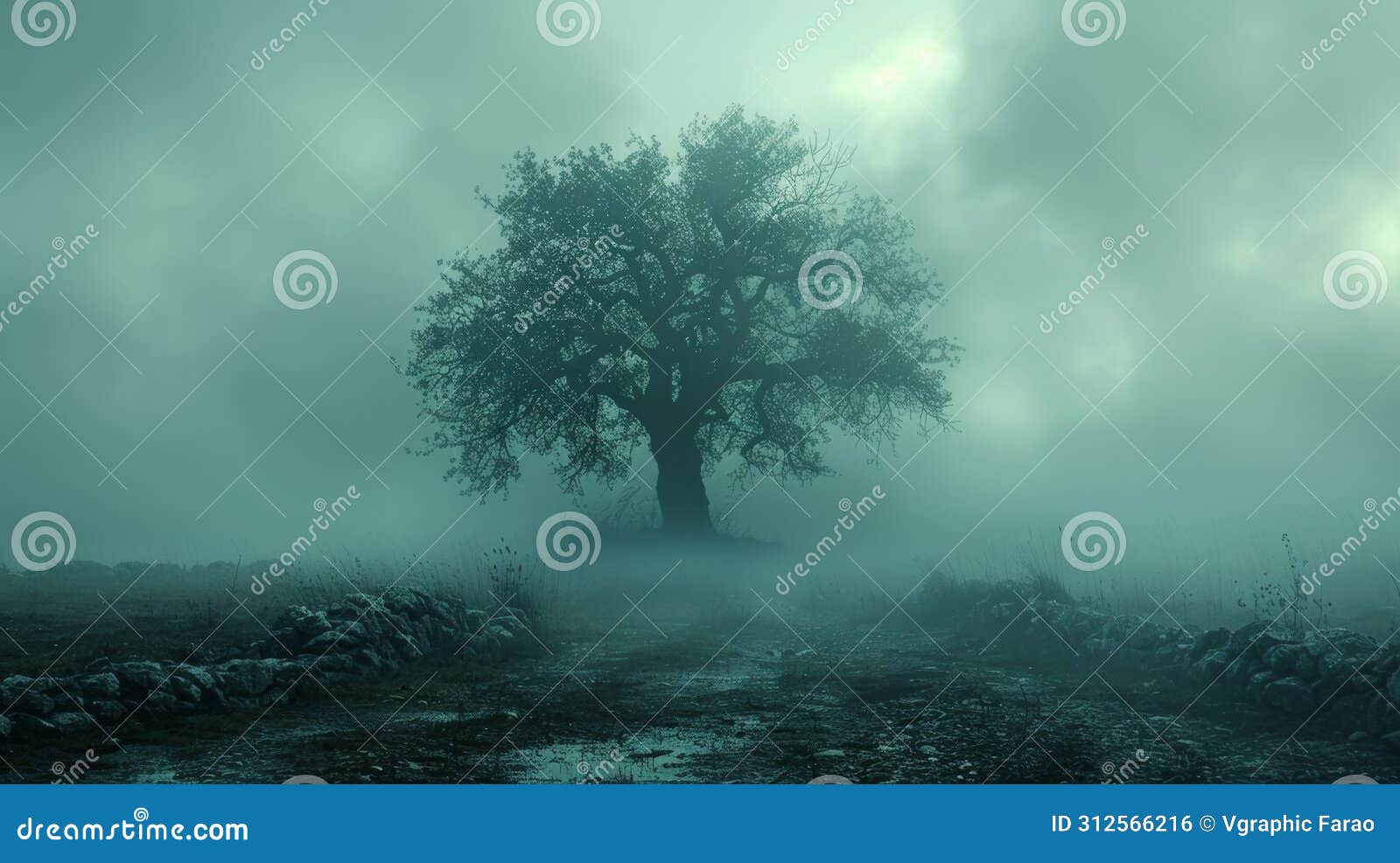 Misty Oak Tree on a Foggy Path Stock Photo - Image of dusk, silhouette ...