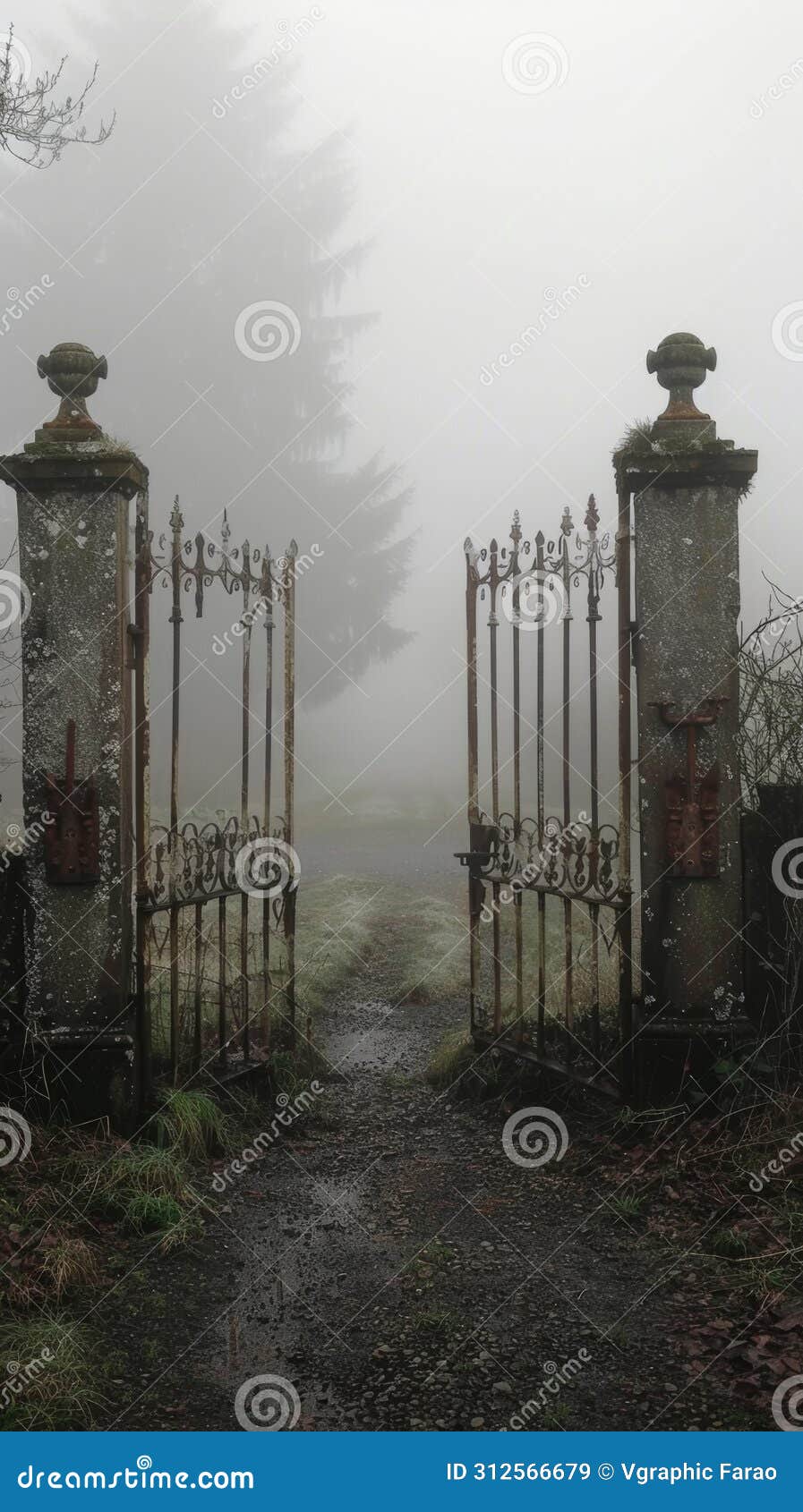 Misty Old Gate Leading To a Mysterious Forest Stock Image - Image of ...