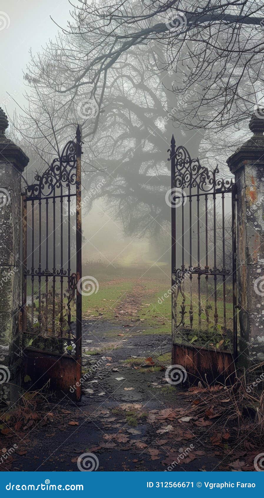 Misty Old Gate Leading To a Mysterious Path Stock Image - Image of ...