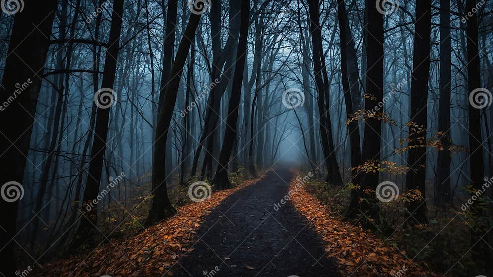 Misty Path through Haunted Forest with Dim Light and Shadows Stock ...