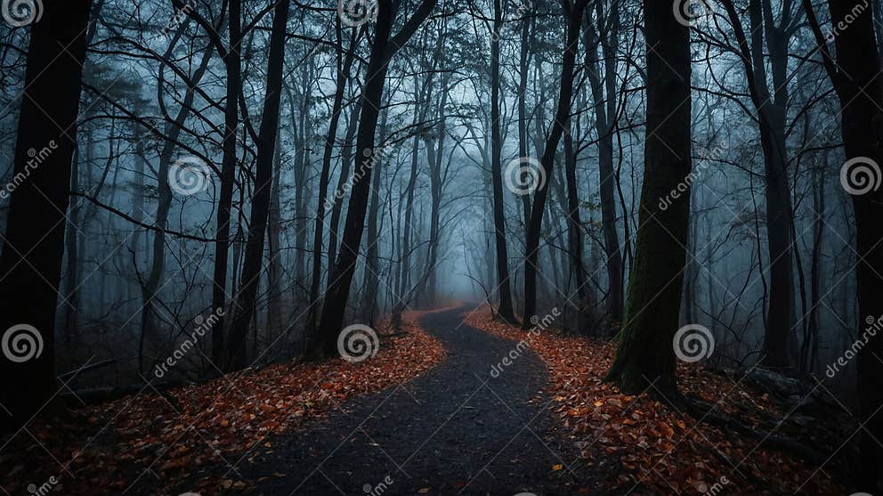 Misty Path through Haunted Forest with Dim Light and Shadows Stock ...