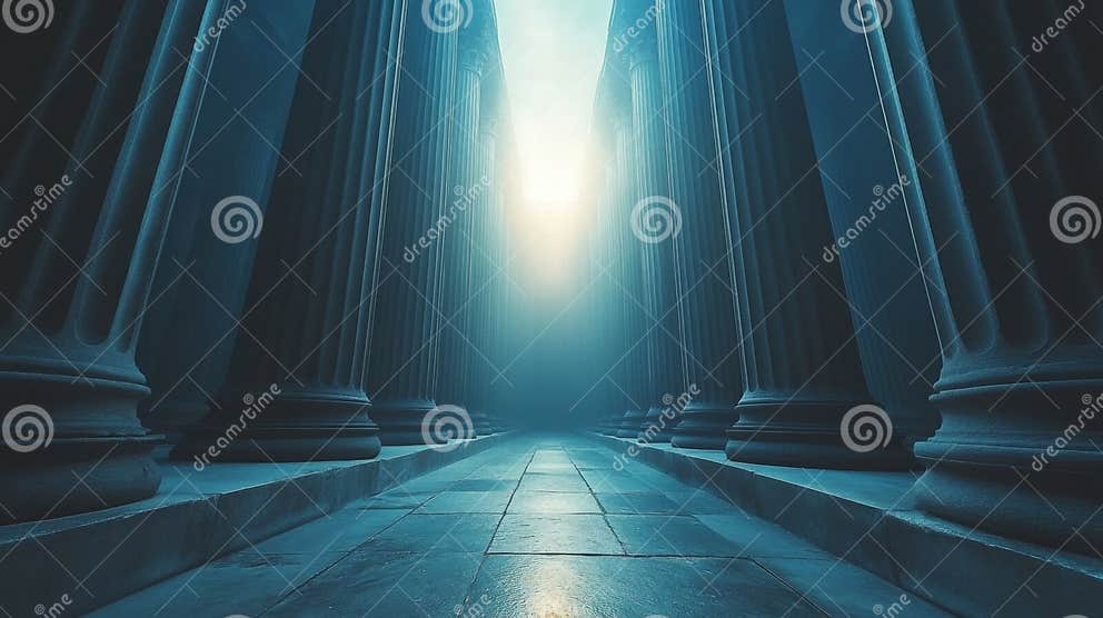 Misty Pathway between Ancient Columns, Showcasing Serene Light Amidst ...