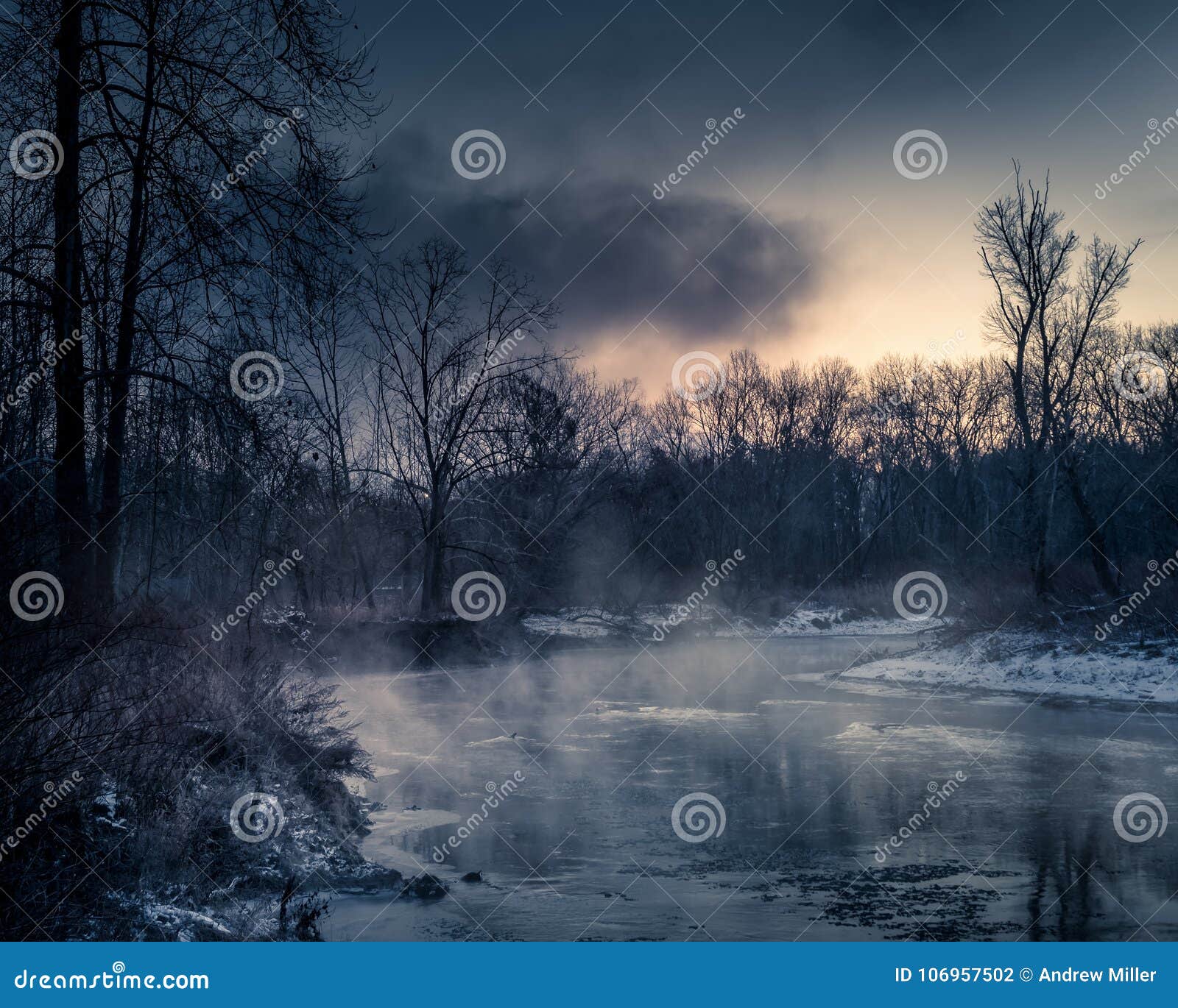 Misty river in winter. stock photo. Image of cold, dawn - 106957502