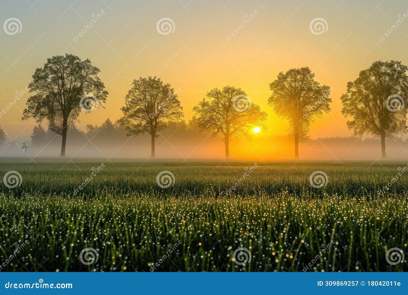 Misty Sunrise in Dewy Field Stock Illustration - Illustration of ...