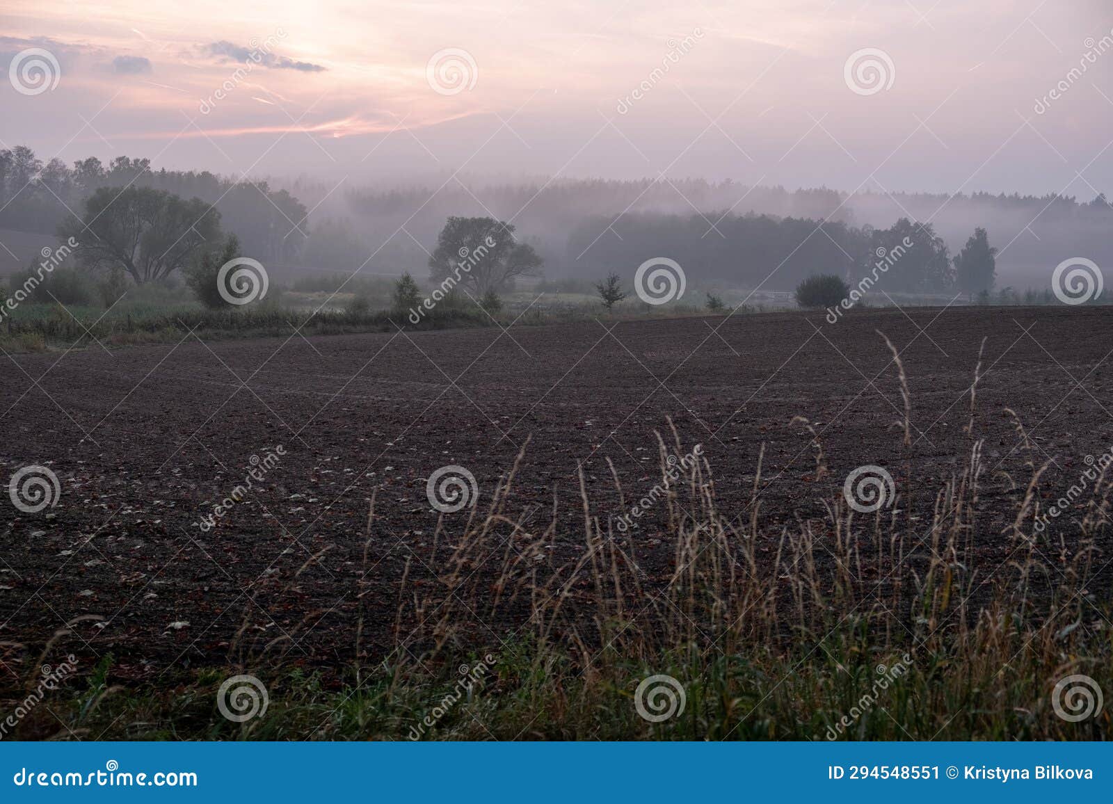 Misty Sunset, Plowed Field, Red Clouds, Landscape Stock Image - Image ...