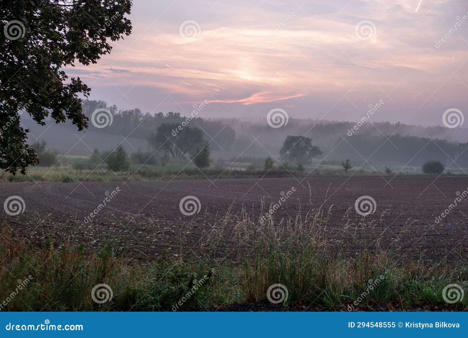 Misty Sunset, Plowed Field, Red Clouds, Landscape Stock Image - Image ...
