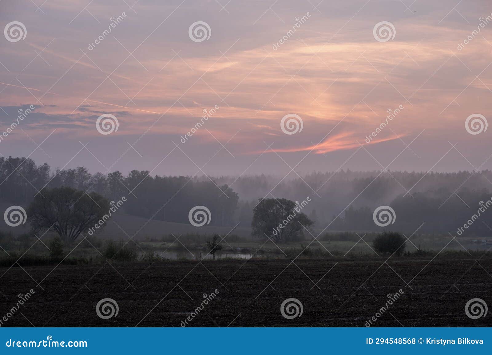 Misty Sunset, Plowed Field, Red Clouds, Landscape Stock Photo - Image ...