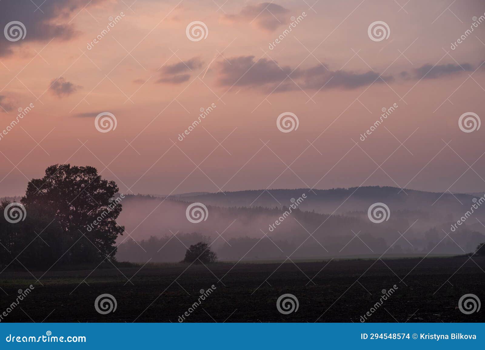 Misty Sunset, Plowed Field, Red Clouds, Landscape Stock Photo - Image ...