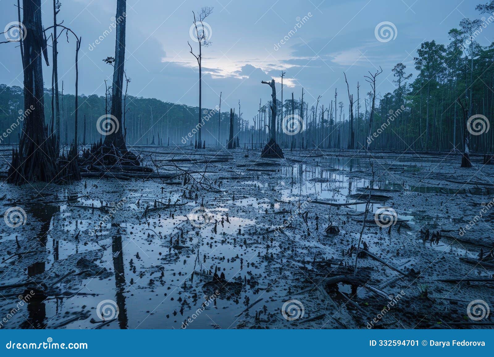 Misty Swamp Landscape at Dusk with Bare Trees and Still Water ...