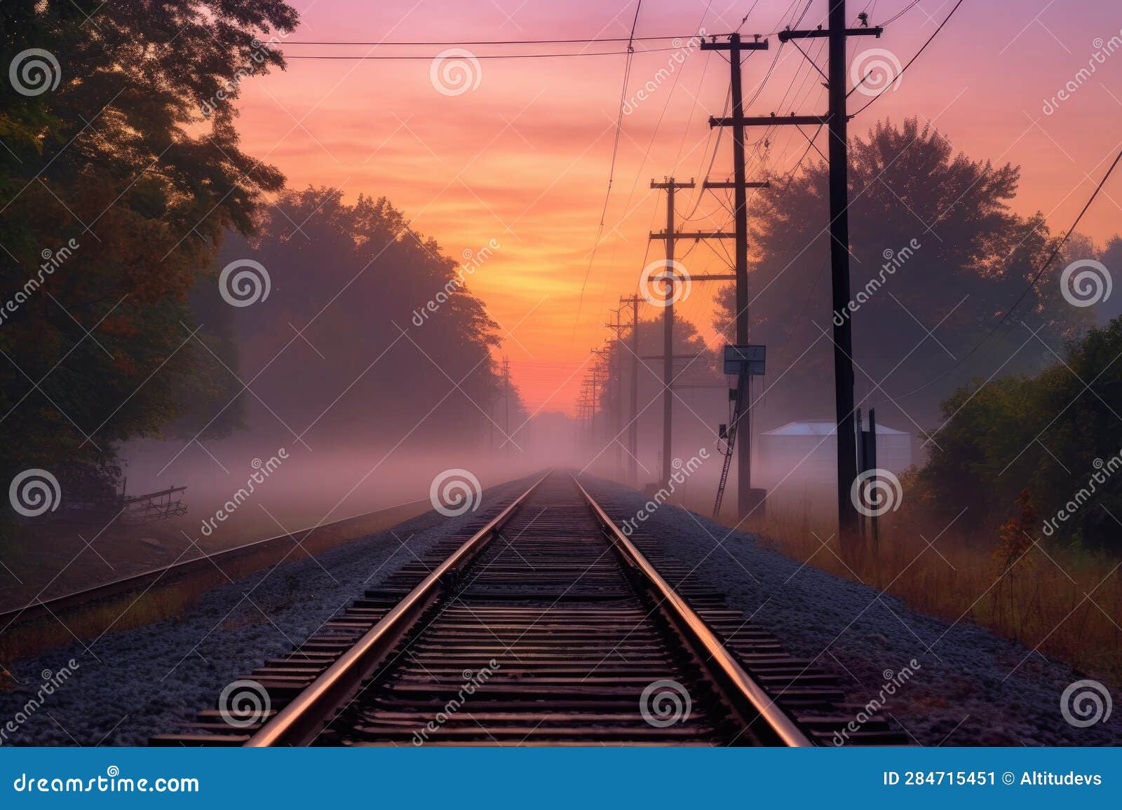 Misty Train Tracks Leading into the Distance at Dawn Stock Image ...